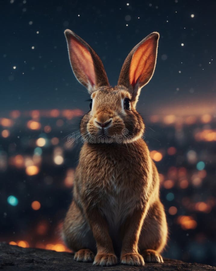 Mystical Rabbit Overlooking a Glowing Cityscape at Night. Stock ...