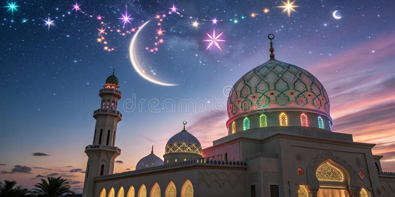 A Mystical Ramadan Mosque Under a Celestial Canopy Starry Night Sky and ...