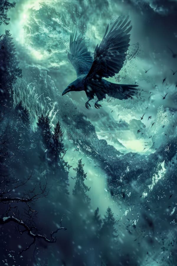 Mystical Raven Flying Over Enchanted Forest Landscape Under Moonlight ...