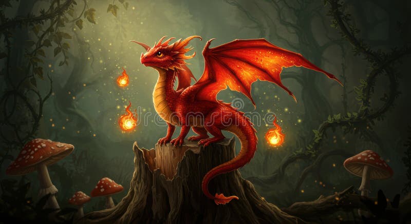 Mystical Red Dragon in Enchanted Forest with Glowing Orbs and Mushrooms ...