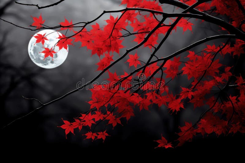 Mystical Red Leaves Night Moon. Generate Ai Stock Illustration ...