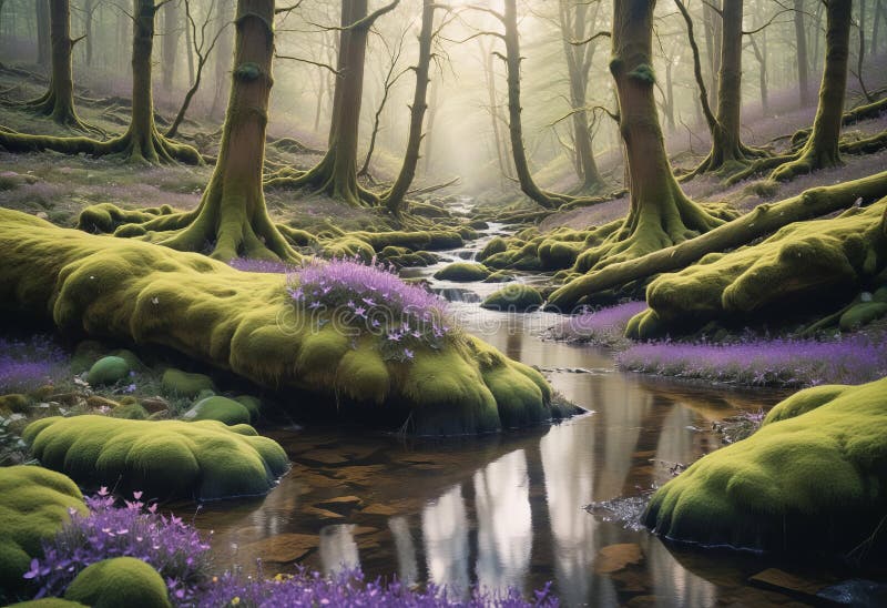 A Mystical, Richly Detailed Spring Landscape Stock Illustration ...
