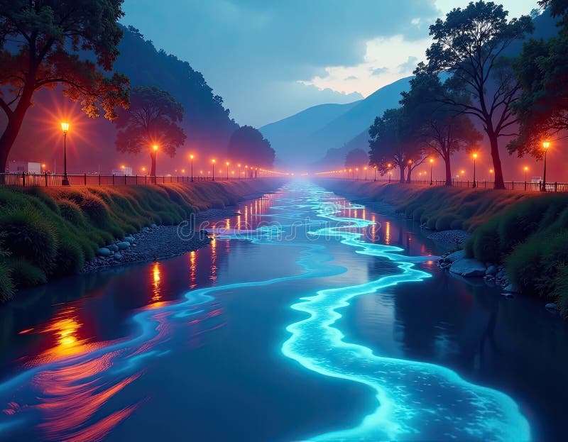 Mystical River at Dusk with Glowing Trails Stock Illustration ...