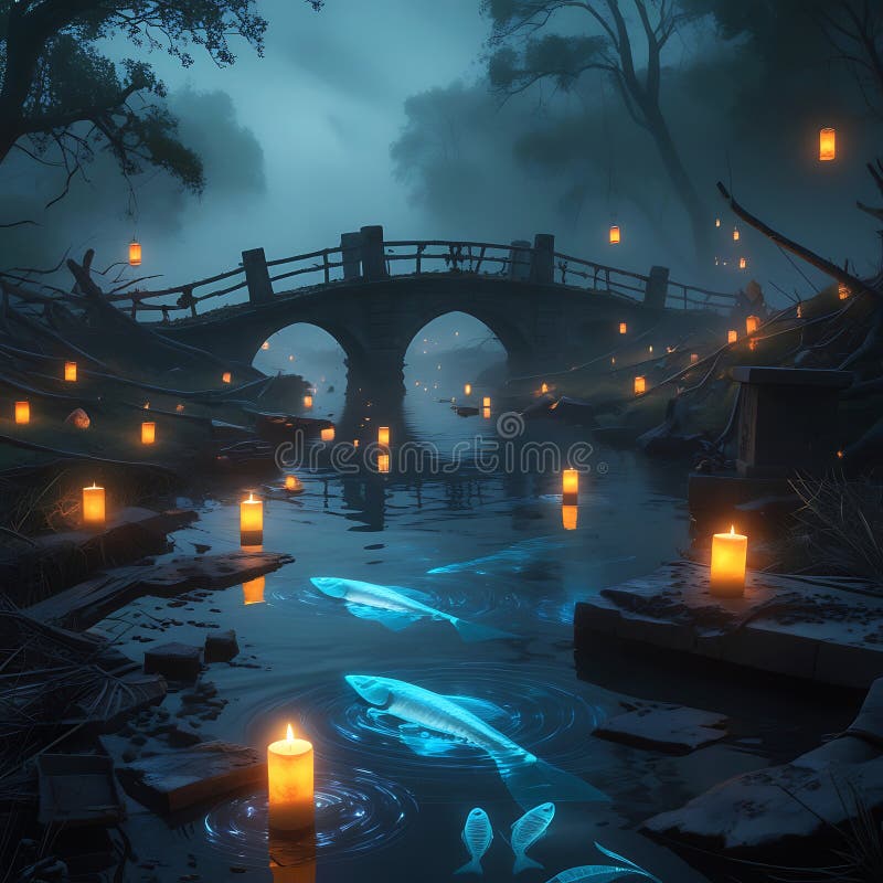 Mystical River with Floating Candles, Glowing Fish, and an Old Stone ...