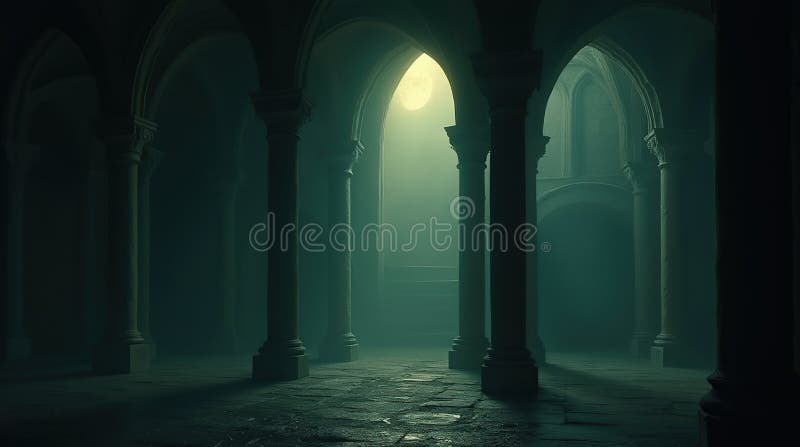 Mystical Gothic Stone Hallway with Moonlight and Arched Gothic Pillars ...