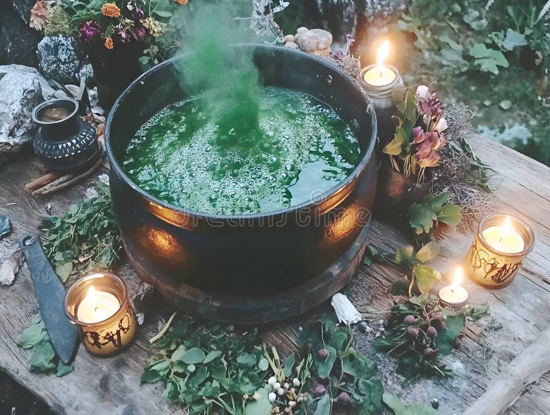 A Mystical Scene Featuring a Bubbling Cauldron Surrounded by Candles ...