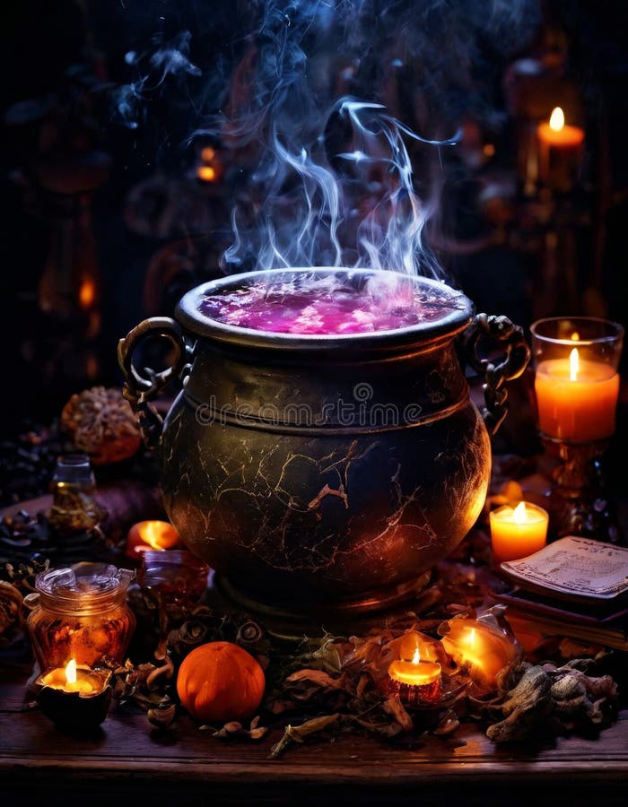 Mystical Cauldron with Glowing Liquid and Cosmic Elements Stock Photo ...