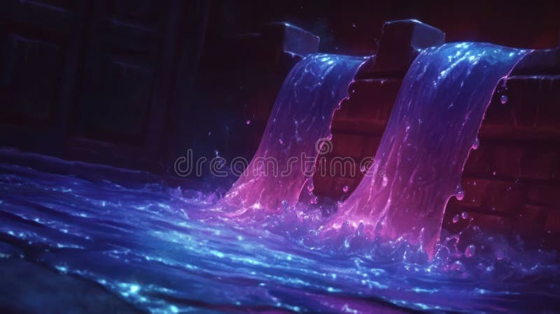 A Mystical Scene Featuring Vibrant, Glowing Water Cascading Over Stone ...