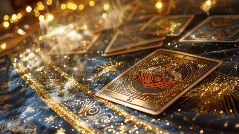 Mystical Scene with Gold Tarot Cards on the Table Stock Illustration ...