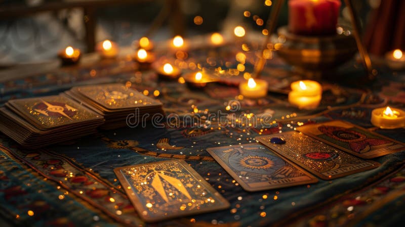 Mystical Scene with Gold Tarot Cards on the Table Stock Illustration ...