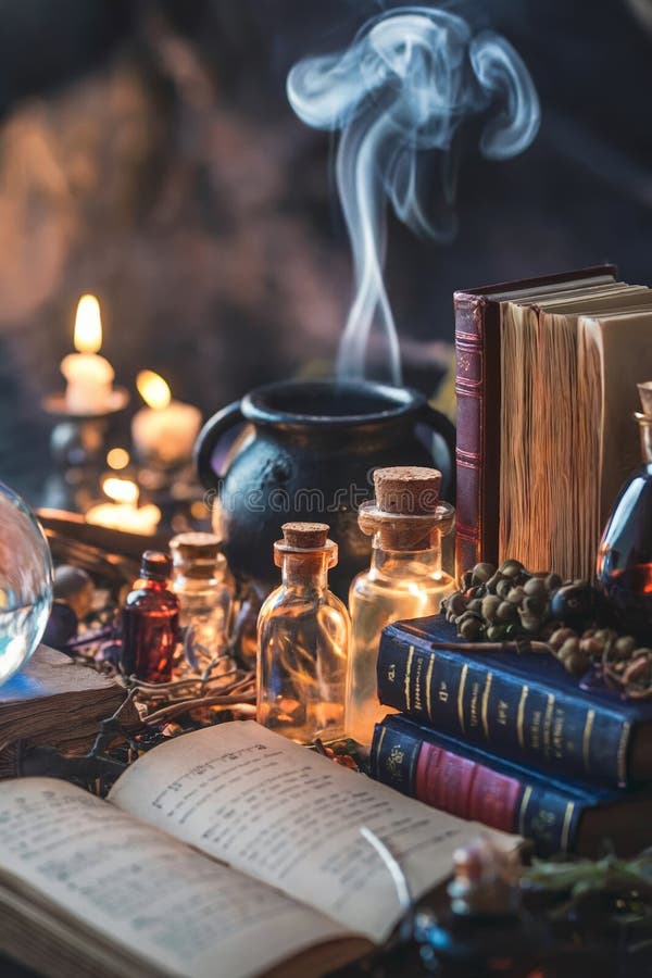 Mystical Scene with Spell Books, Potion Bottles, and a Bubbling ...