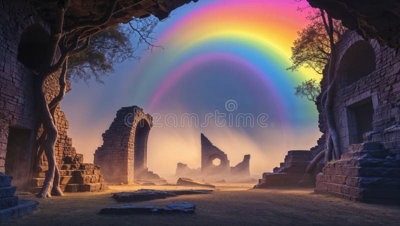 A Mystical Scene Under a Rainbow, Where Shadows Stretch Across Ancient Ruins Stock Image - Image ...