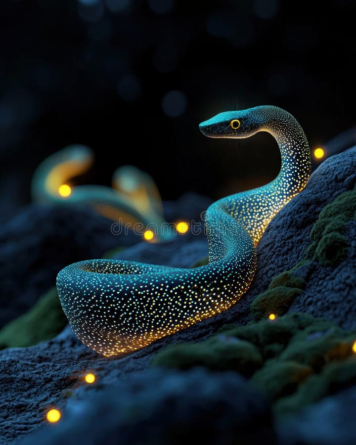 A Mystical Serpent Illuminated by Glowing Lights Coiled Gracefully on a ...