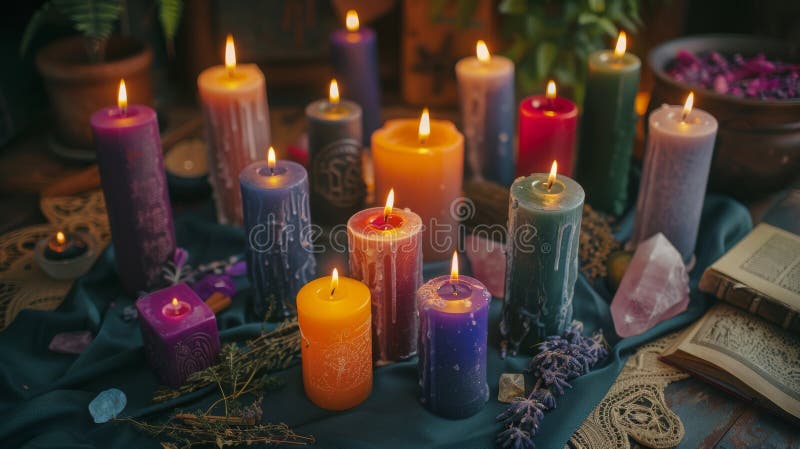 Mystical Setup for Candle Magic with Assorted Colored Candles and ...