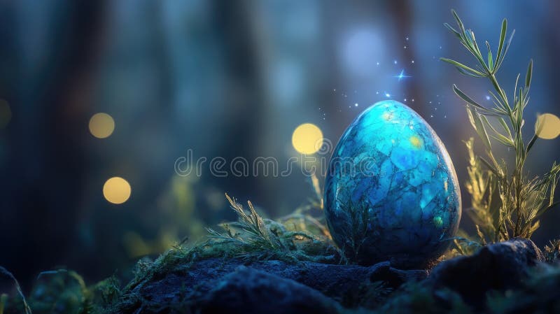Mystical Shiny Blue Easter Egg with Green Plants and Blurred Background ...
