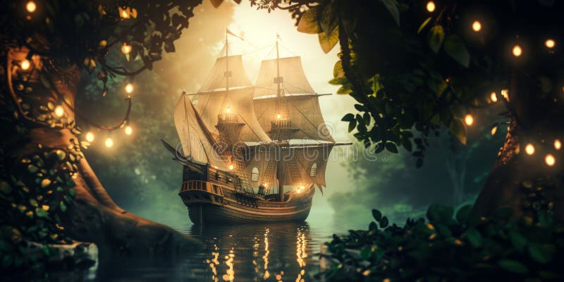 Mystical Ship in Enchanted Forest. Generative Ai Stock Illustration ...