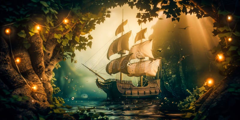 Mystical Ship in Enchanted Forest. Generative Ai Stock Illustration ...