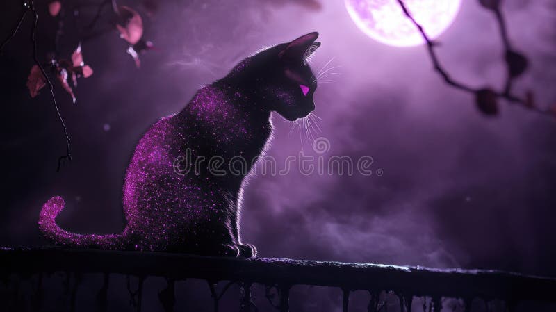 Mystical Silhouette of Sparkling Cat Under Full Moon Stock Image ...