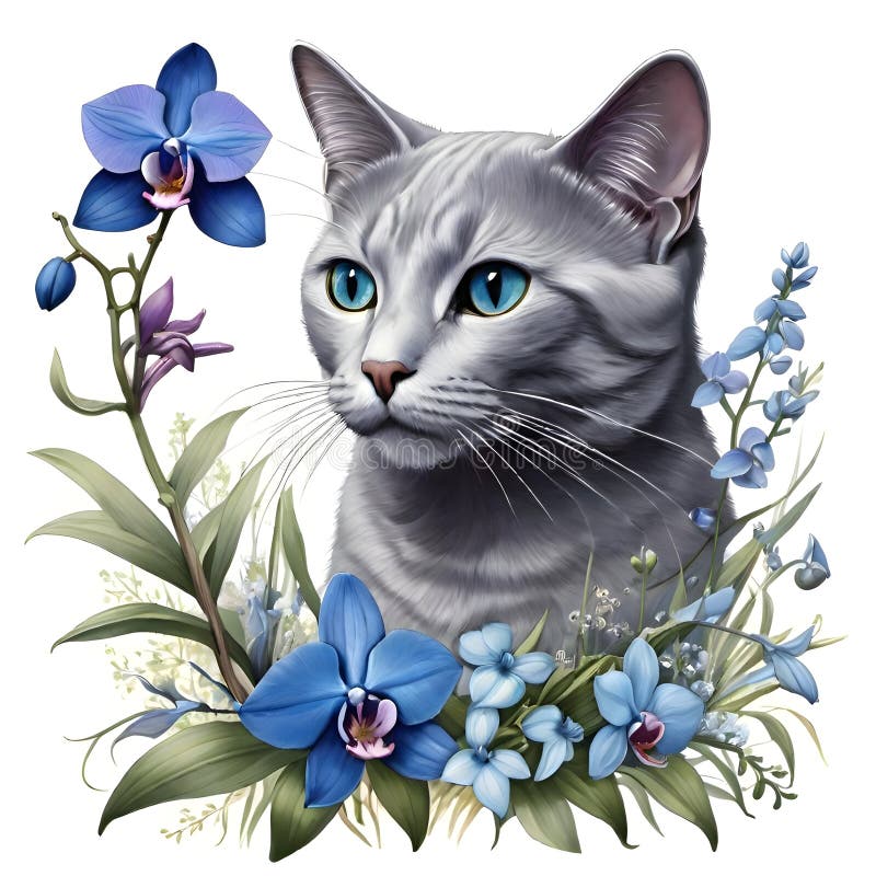 Mystical Silver Cat with Vibrant Blue Botanical Elements Stock ...