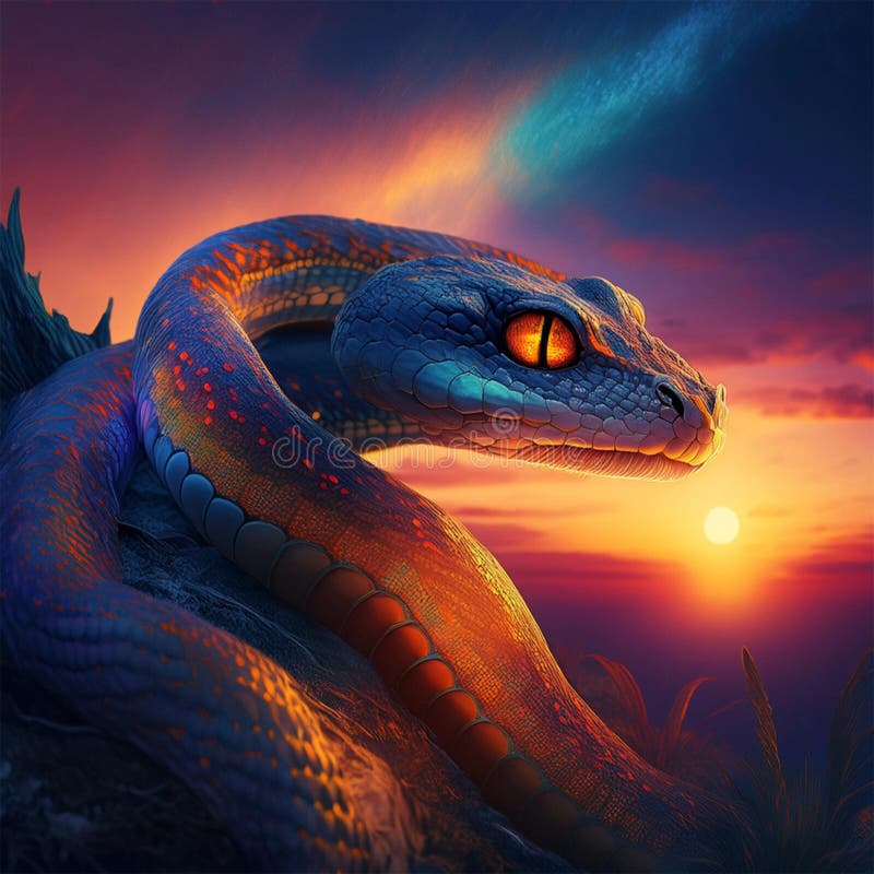 Mystical Snake in Rainbow Colors with Fire in Its Eyes at Sunset. AI ...