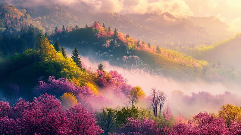 A Mystical Spring Mist Hanging Over a Colorful Valley of Blooming Stock ...