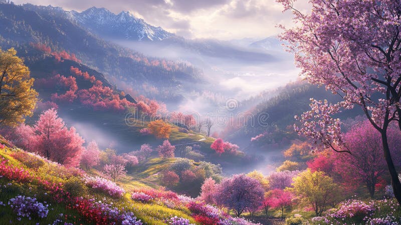 A Mystical Spring Mist Hanging Over a Colorful Valley of Blooming Stock ...