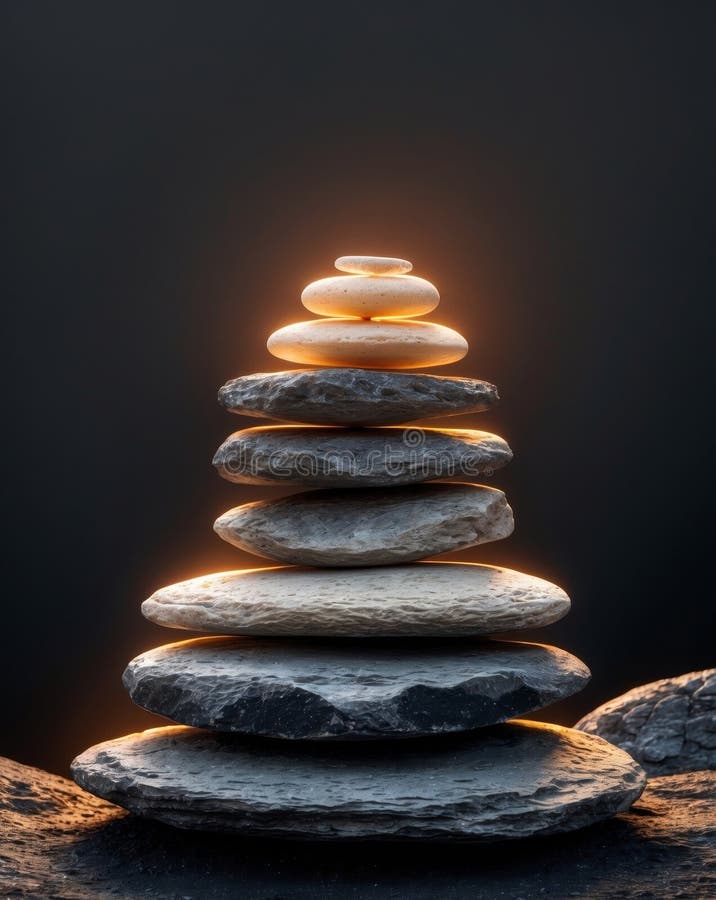 Mystical Stack of Ancient Stones Glowing with Warm Light on a Black ...