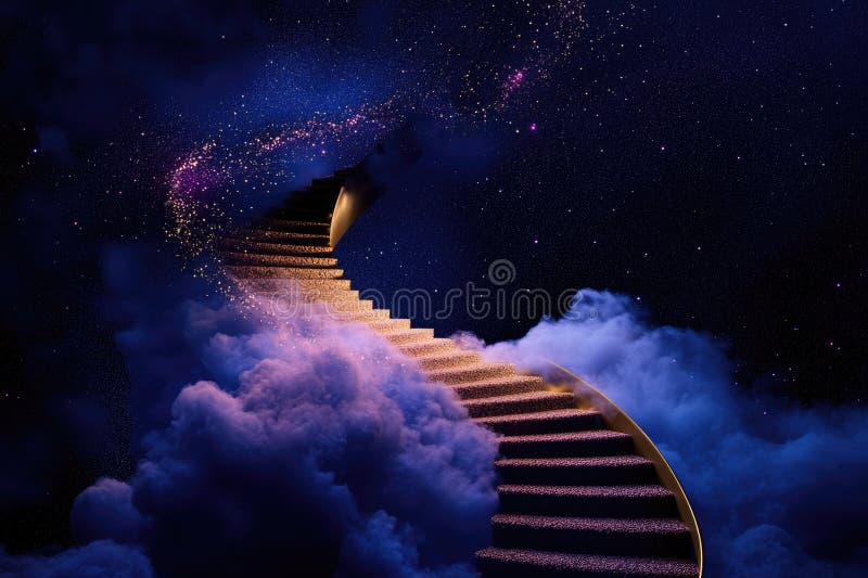 Mystical Stairs Ascending through Dreamy Clouds into Stardust Night Sky ...