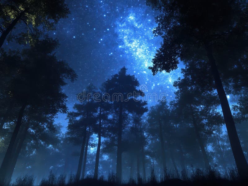 Mystical Starry Night Forest with Towering Trees and Glowing Sky Stock ...