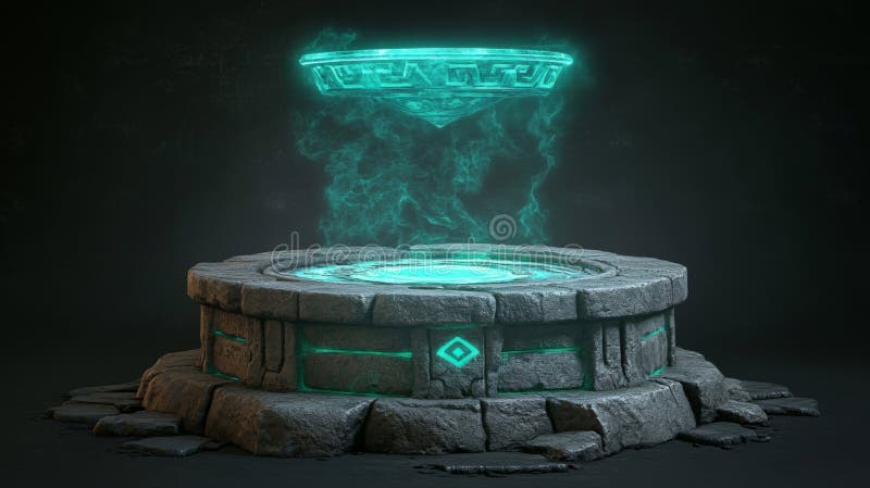 Mystical Stone Altar with Glowing Hologram and Particle Effects in Dark ...