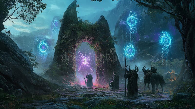 Mystical Stone Archway with Glowing Orbs in a Fantasy Forest Stock Photo - Image of archway ...