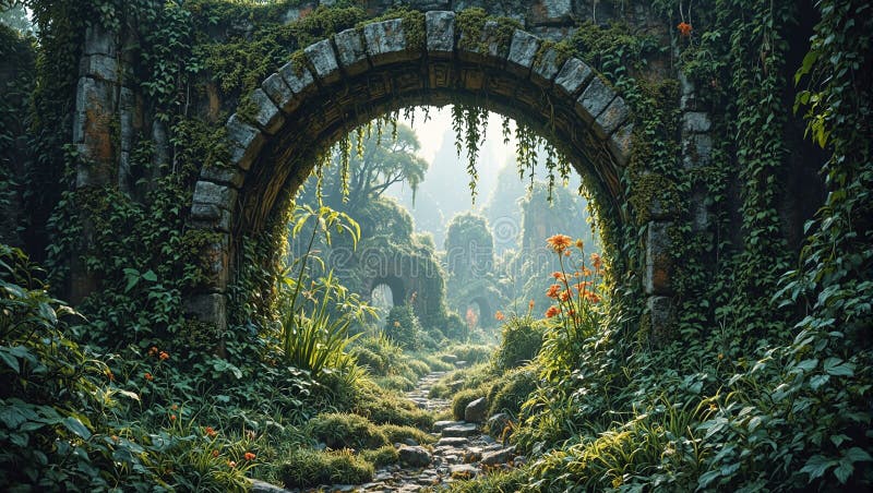 Mystical Stone Archway in Vibrant Jungle Stock Illustration ...