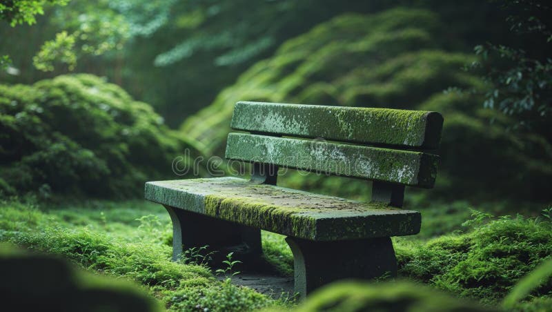 A Mystical Stone Bench in a Lush Greenery Setting with Space for Text ...
