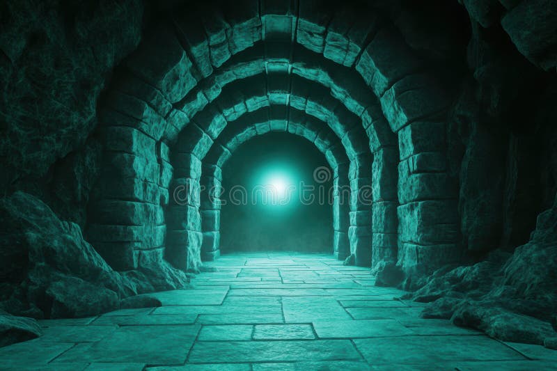 Mystical Stone Corridor with Glowing Light in Ancient Cave Tunnel Stock ...