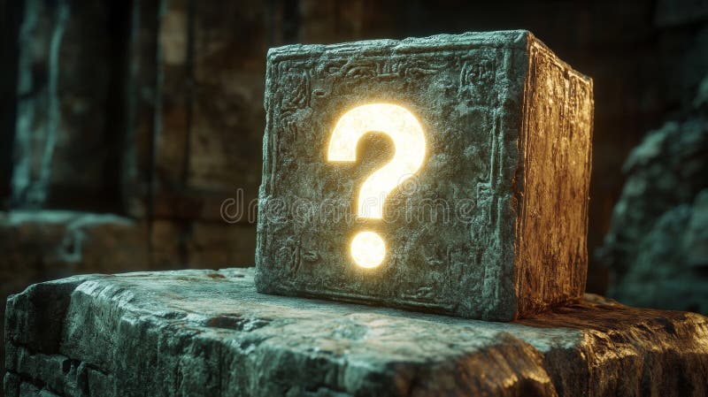 Mystical Stone Cube with Glowing Question Mark in Ancient Ruins ...