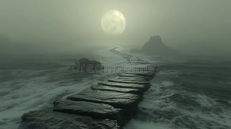 Mystical Stone Path Leading To a Shrouded Island at Night Stock Image ...