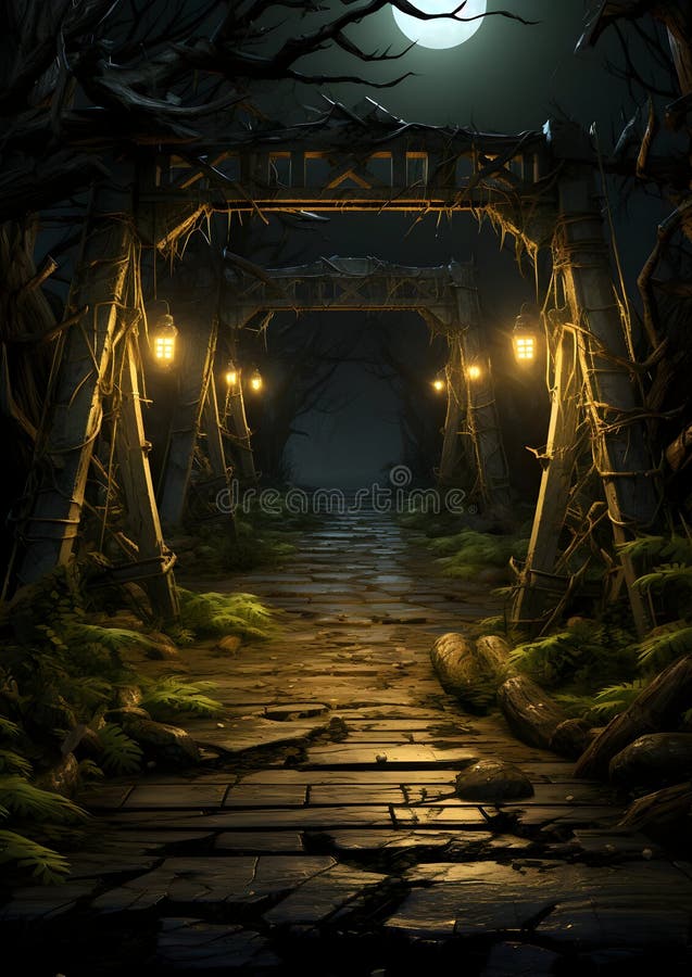 Mystical Stone Pathway Leading Under Illuminated Gate at Night in Dark ...