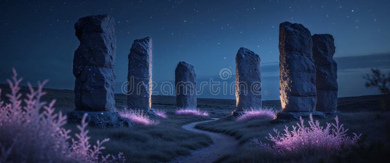 Mystical Stone Pillars and Glowing Path in a Tranquil Night Landscape ...