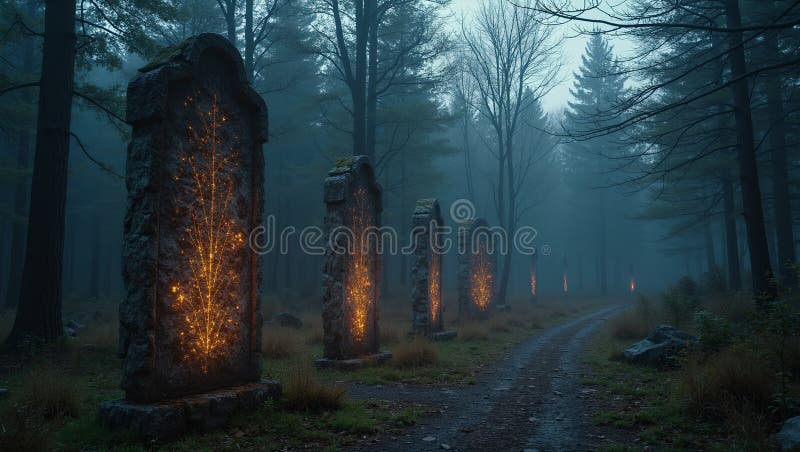 Mystical Stone Pillars with Glowing Runes in a Forest Clearing Stock ...