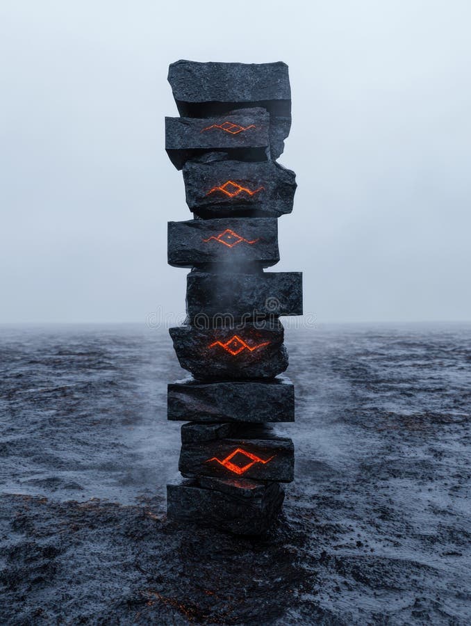 Mystical Stone Tower with Glowing Symbols in a Desolate Landscape ...
