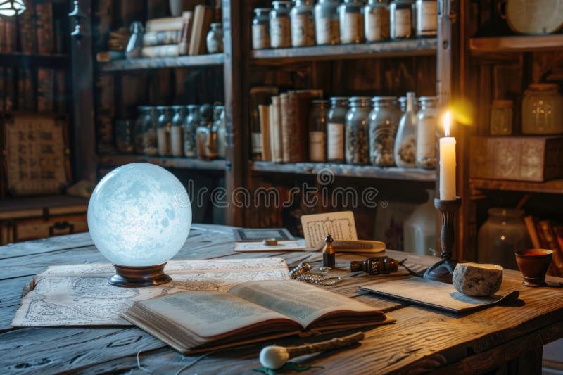 Mystical Study Room with Crystal Ball and Ancient Books Illuminated by ...