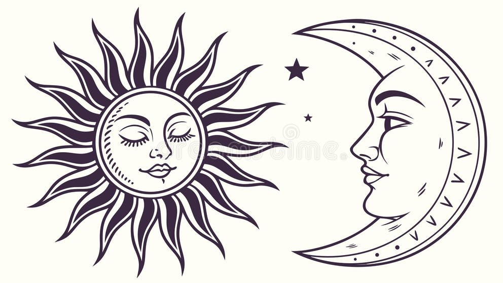 Mystical Sun and Crescent Moon with Faces Vector, Vector Design ...