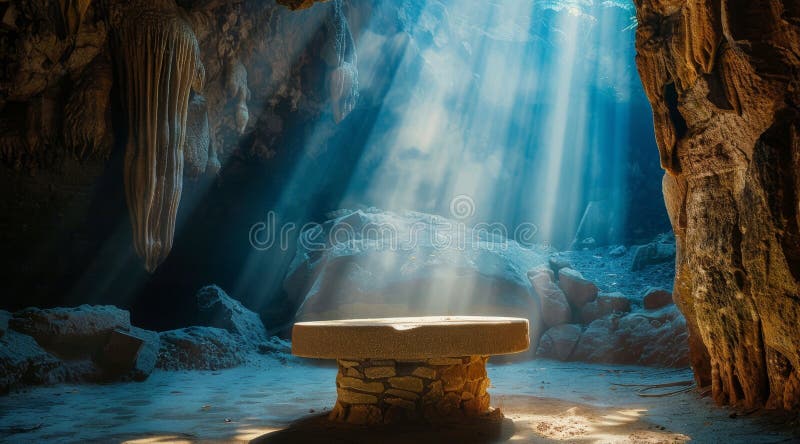 Mystical Sunlight Illuminating a Stone Table in a Cave Stock ...