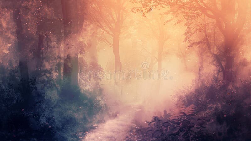 Mystical Sunrise Forest Path Stock Illustration - Illustration of trail, hiking: 330803547
