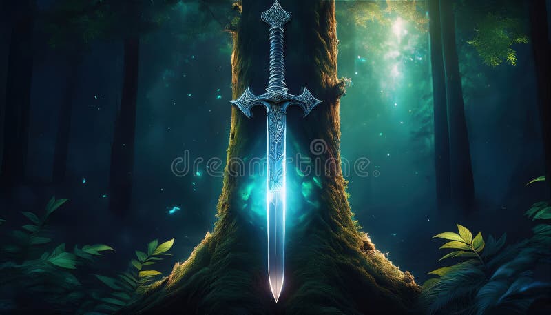 Mystical Sword Glowing in Enchanted Forest Stock Photo - Image of relic ...