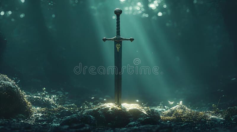 Mystical Sword in Stone Illuminated by Sunlight in a Forest Stock ...
