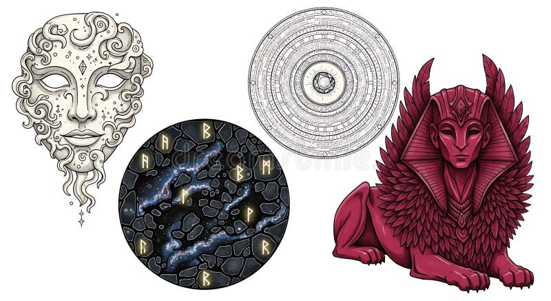 Mystical Symbols, Ancient Mask, Celestial Map, and Sphinx Create Enchanting Design Elements ...