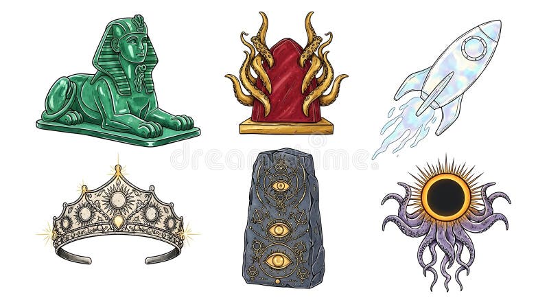 Mystical Symbols and Icons: an Egyptian Sphinx, a Crown, and a Rocket with Magic Stock ...