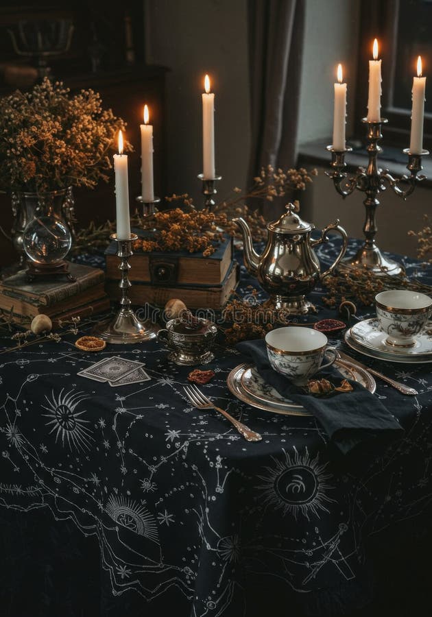 Mystical Table Setting with Lit Candles and Antique Tea Set Stock ...