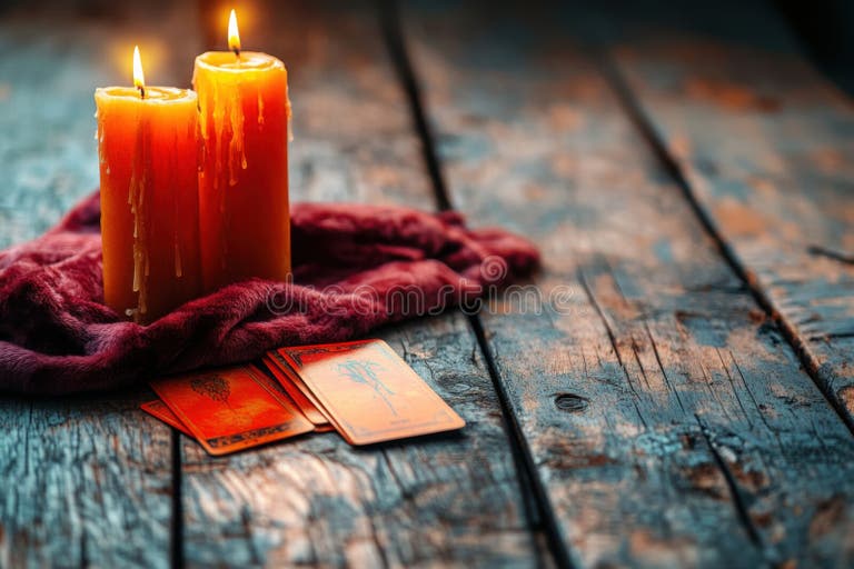 Mystical Tarot Reading Setup with Candles on Rustic Wooden Table in a ...